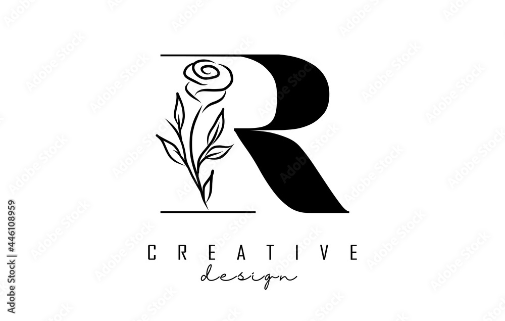 R letter logo design with black rose vector illustration. Stock Vector ...