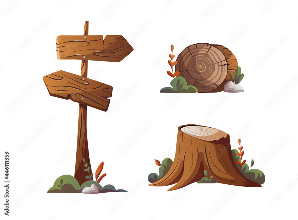 Stump, log and guidepost. Camping, traveling, trip, hiking, camper ...