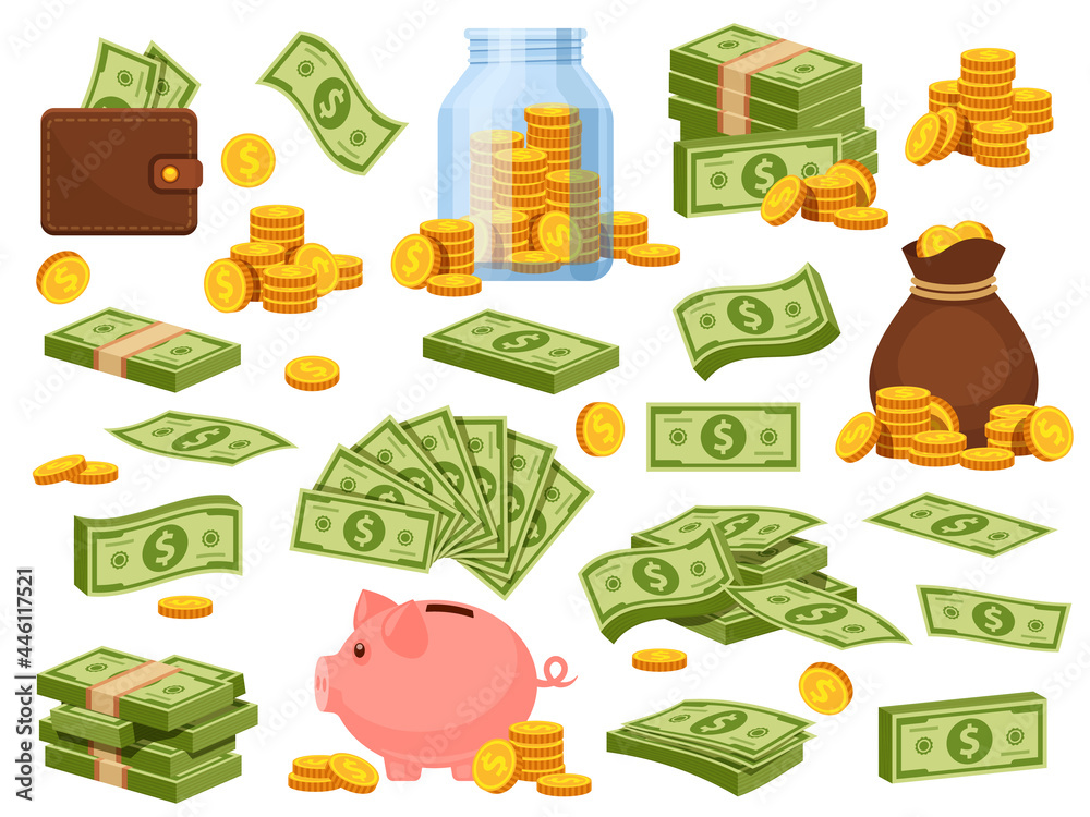 Cartoon money bag and piles. Piggy bank, banknote packs, wallet with ...