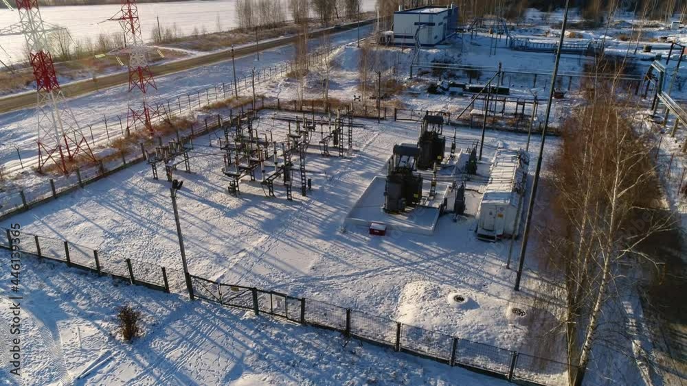 Small snowy electricity distribution substation at wastewater treatment ...