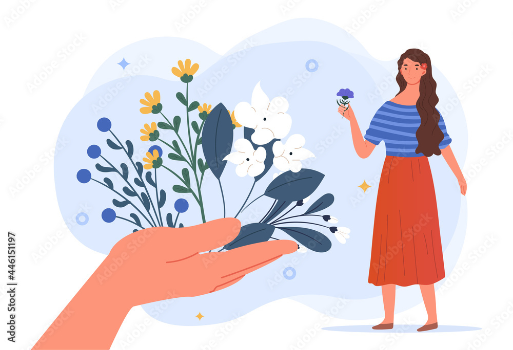 Herbal medicine concept. A large hand holds out various medicinal ...