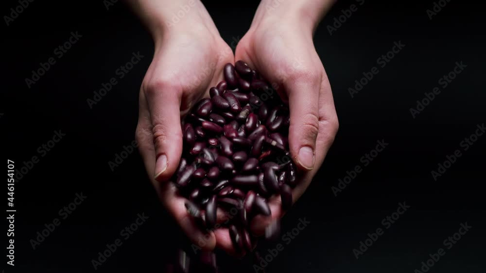 Falling red beans from hands on black background. Shooting of haricots ...