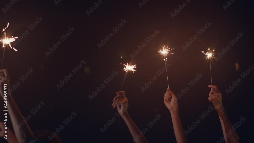 Group of Asia best friends teenagers play firecracker dancing have fun ...