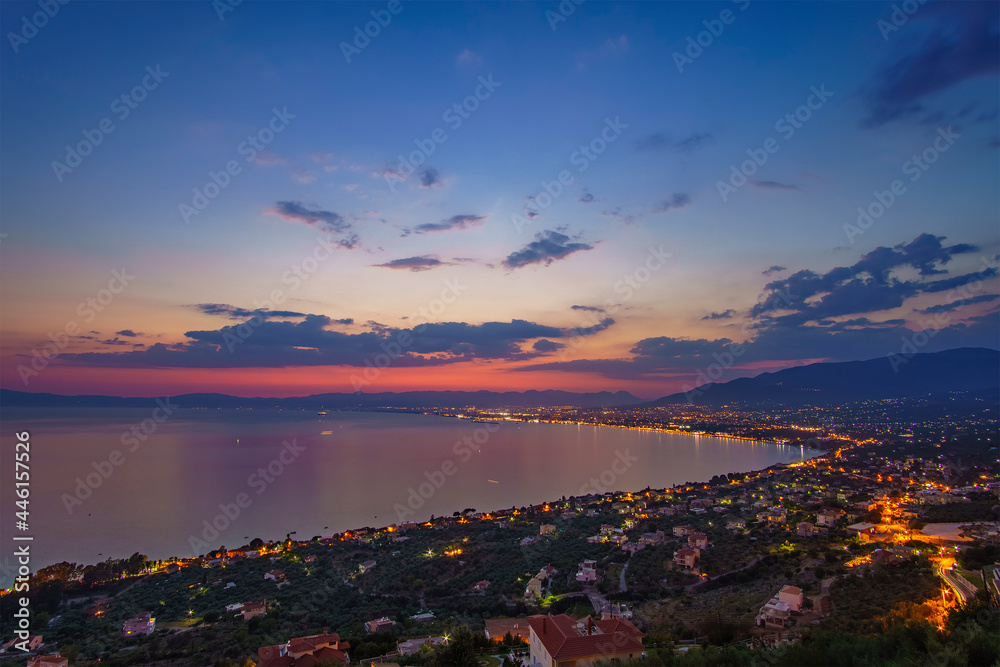Aerial view of Kalamata city, Greece at sunset. Kalamata is one of the ...