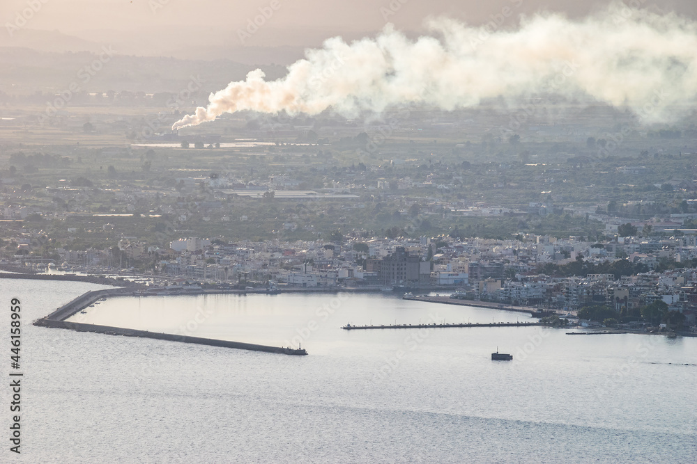 Aerial view of Kalamata city, Greece at sunset. Kalamata is one of the ...