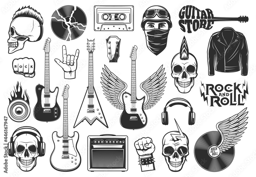 Rock music symbols, musical instruments icons set. Scull with mohawk ...