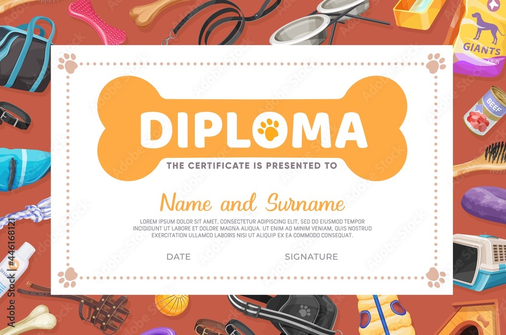 Dog pet care diploma or certificate vector template with cartoon zoo ...