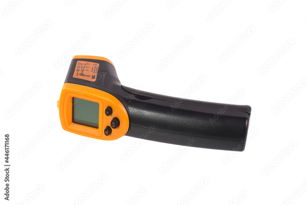 Yellow-black pyrometer isolated on white background. A device for non ...