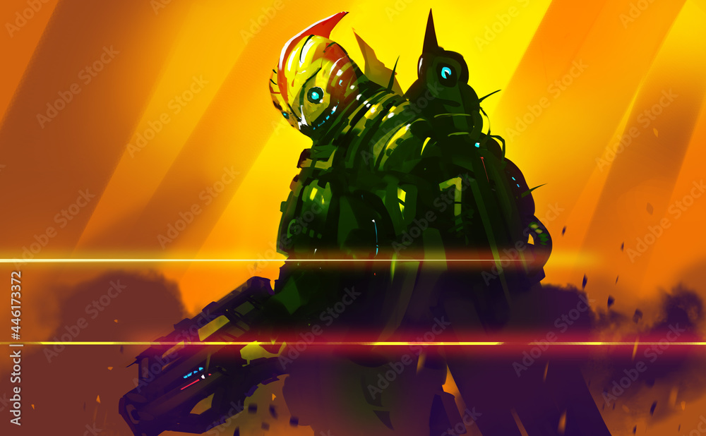 Digital illustration painting design style a future soldier in war ...