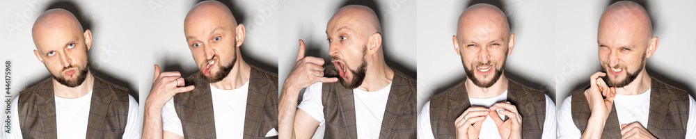 Face expression collage. Actor man. Crazy emotion. Foolish tricks ...