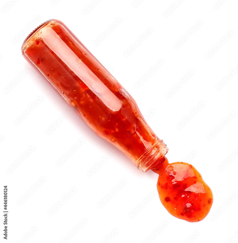 Bottle with spilled chili sauce on white background Stock Photo | Adobe ...