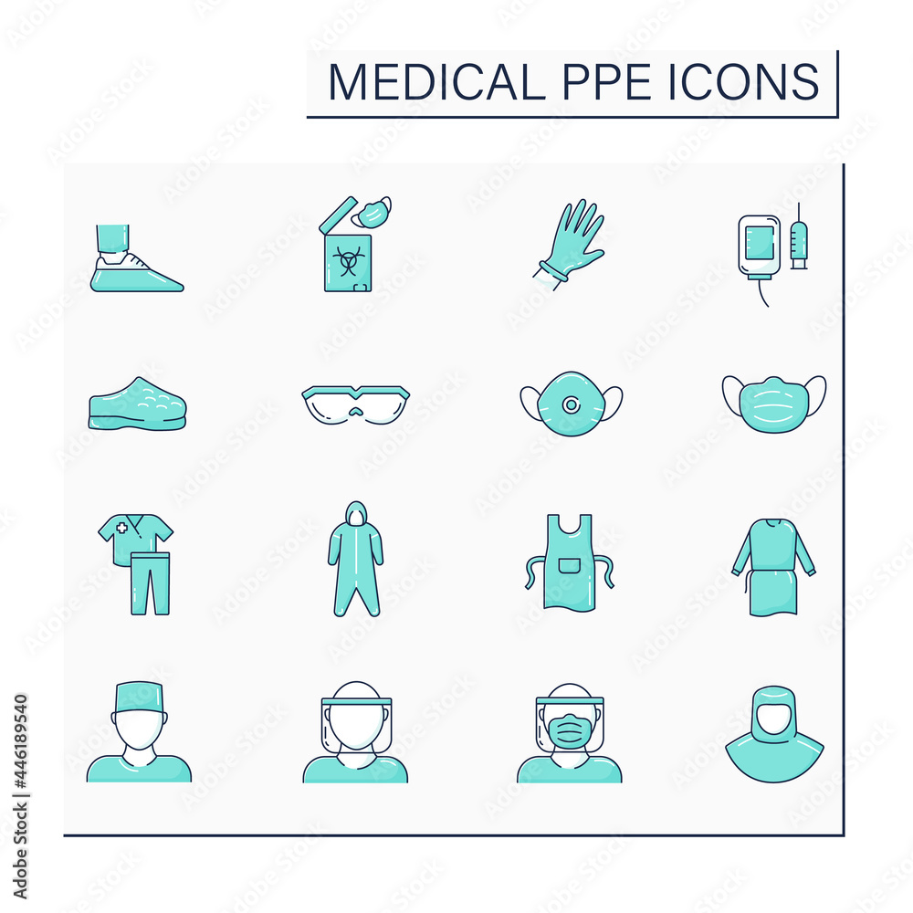 Medical PPE color icons set. Personal protective equipment. Barrier ...