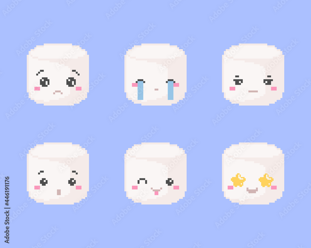 Pixel art marshmallows emoji set. Vector 8 bit kawaii retro sweets ...