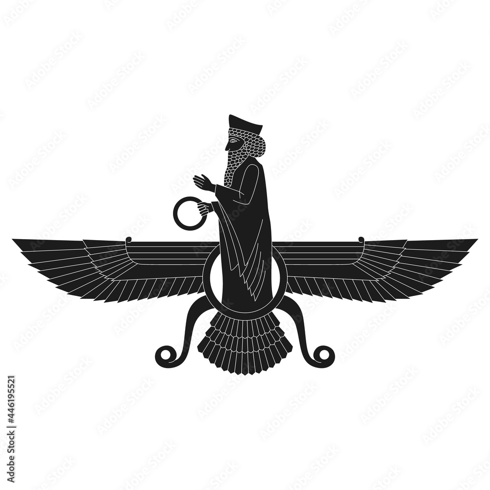 vector monochrome icon with ancient sumerian symbol Faravahar for your ...