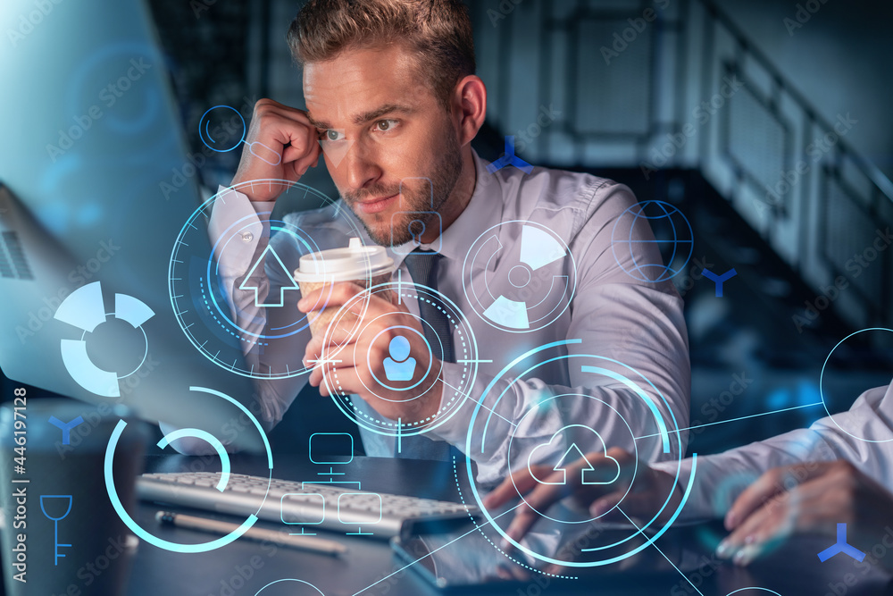 Two colleagues in formal wear working together to optimize business ...