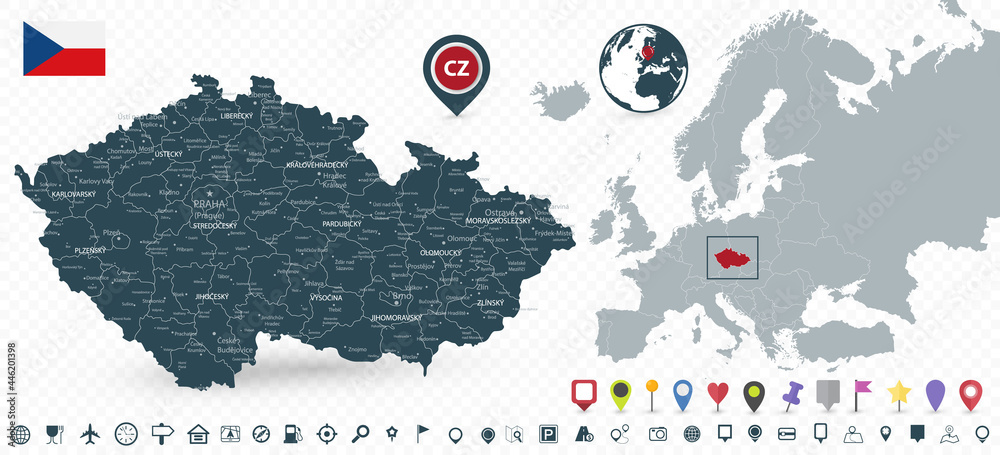 Czech Republic Map and Czech Republic location on Europe Map isolated ...