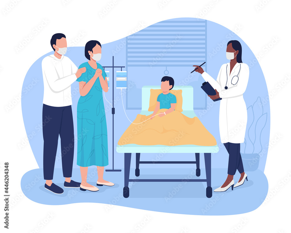 Kid in emergency room 2D vector isolated illustration. Pediatrician ...
