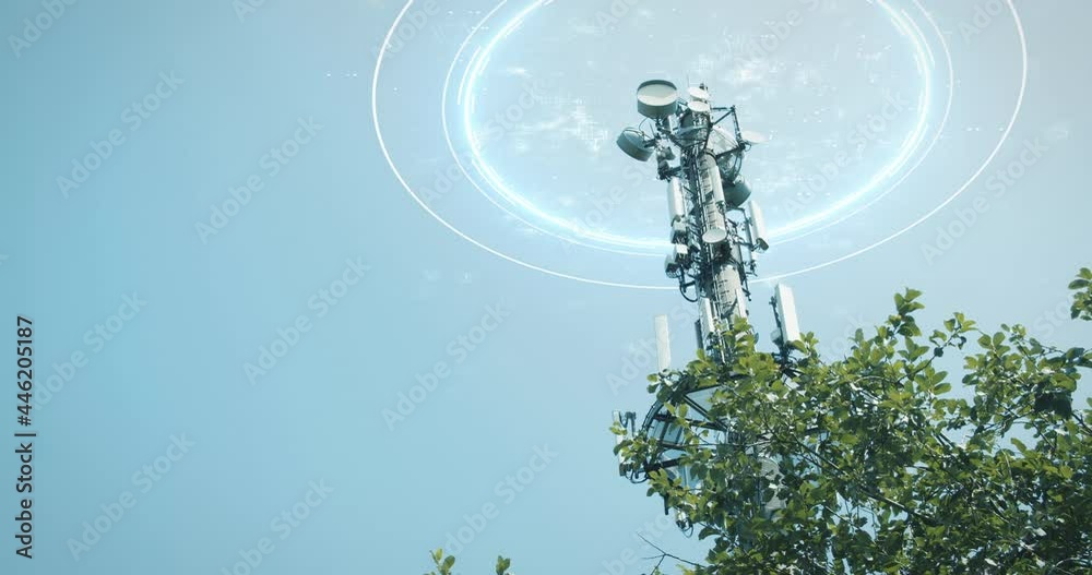 Giant 5G 6G Communication Tower sends signals behind tree, Technology ...