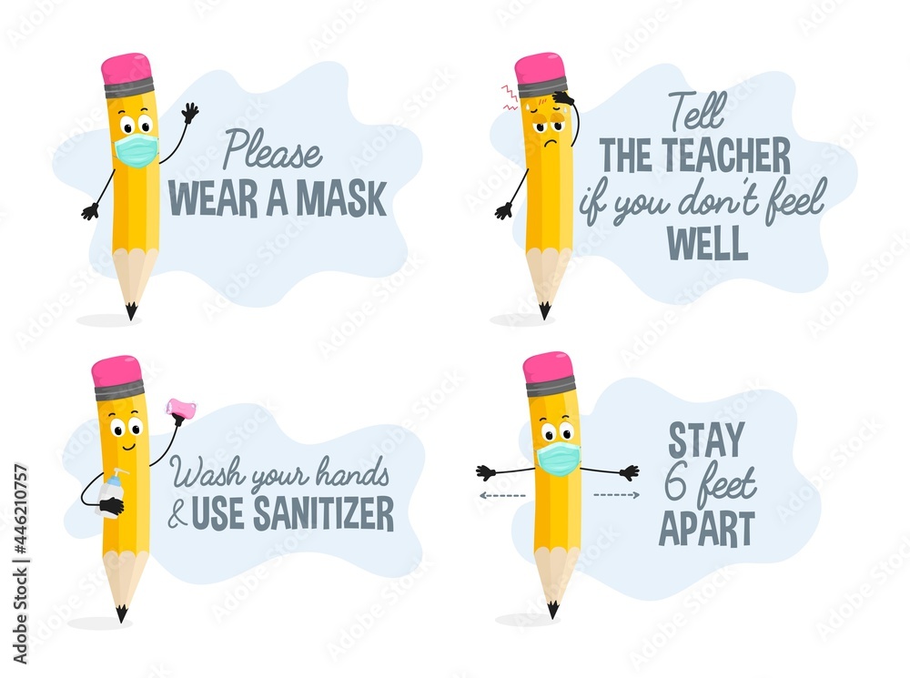 Vetor de Set of back to school Covid Safety poster. After pandemic ...