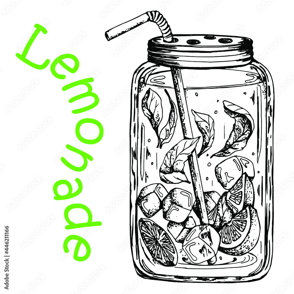 Glass jar with lemon, mint leaves, ice and straw. Black and white ...