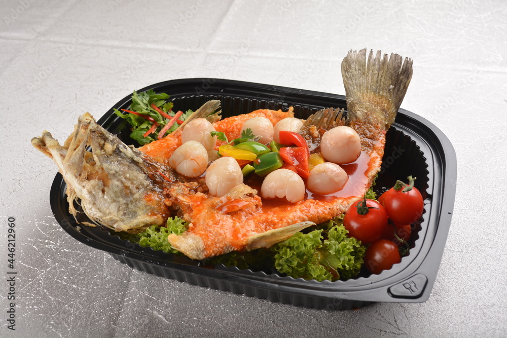 deep fried crispy whole grouper fish seafood with sweet and sour chilli ...