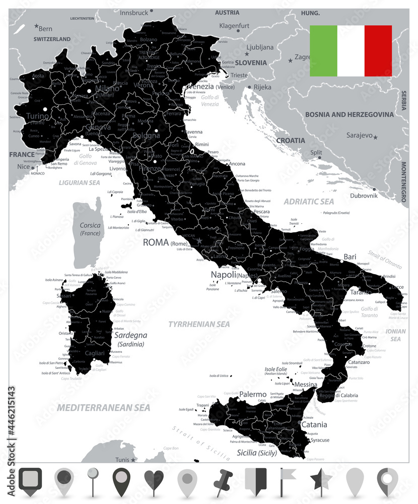 Black Color Italy Map and Flat Map Icons Stock Vector | Adobe Stock
