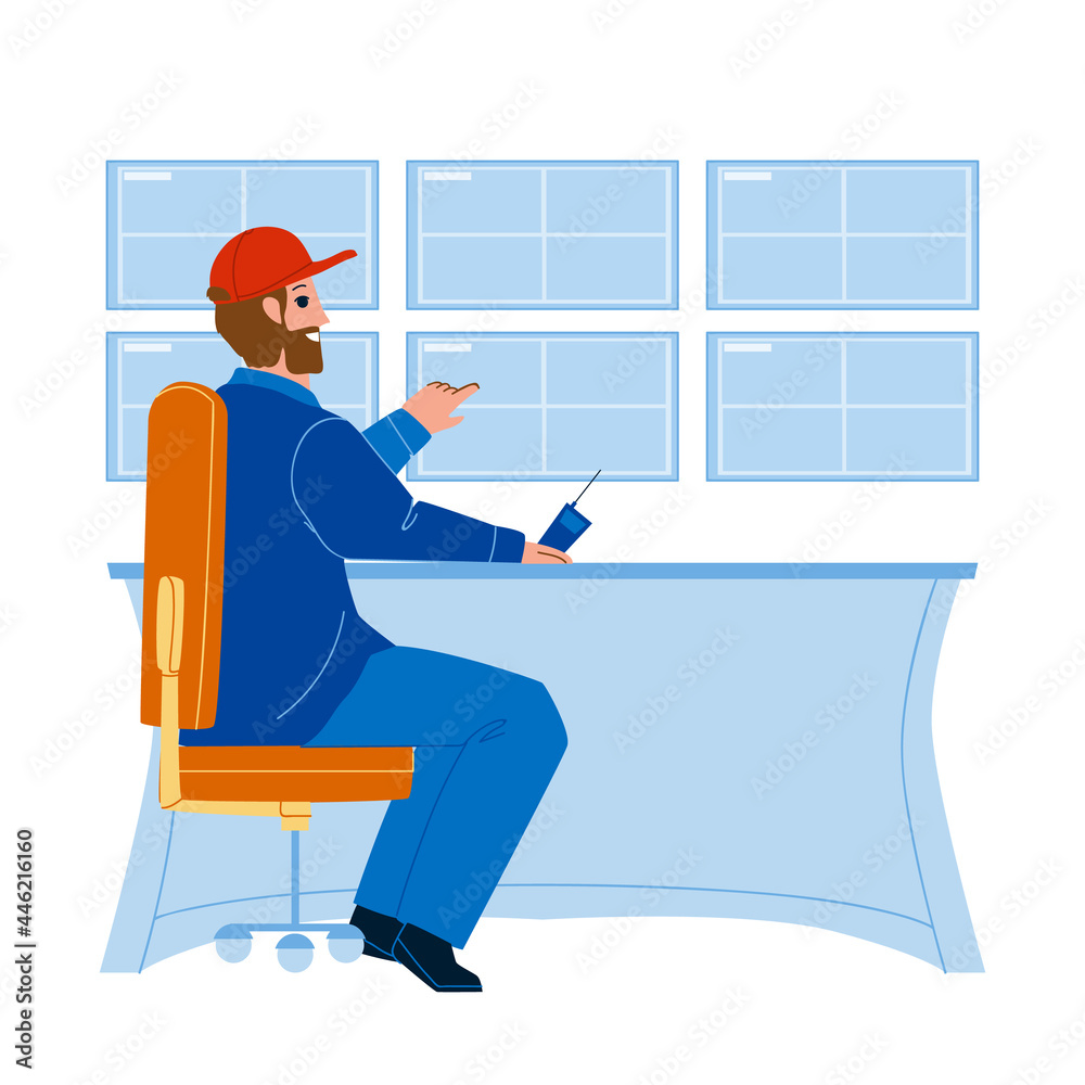 Man Security Worker Monitoring Cctv System Vector. Security Guard ...