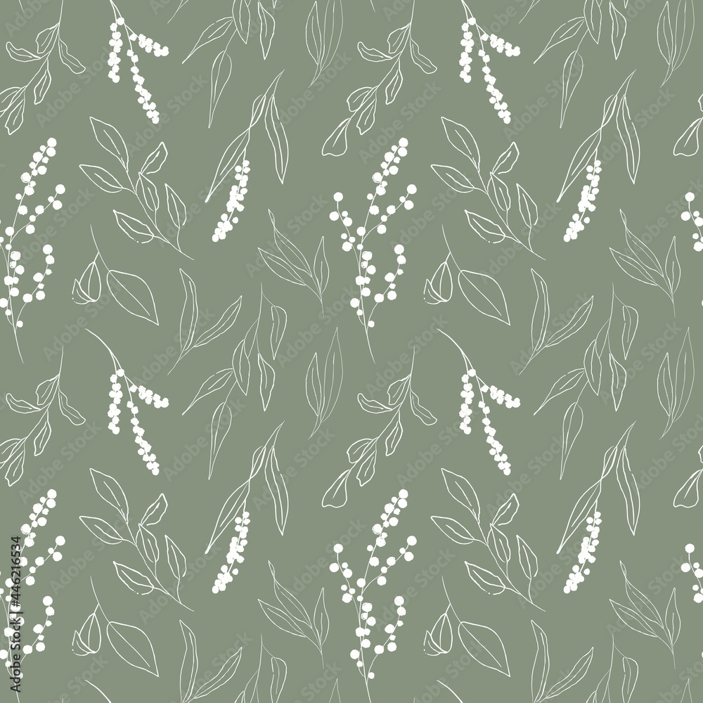 Botanical floral seamless pattern. White hand-drawn line art with ...