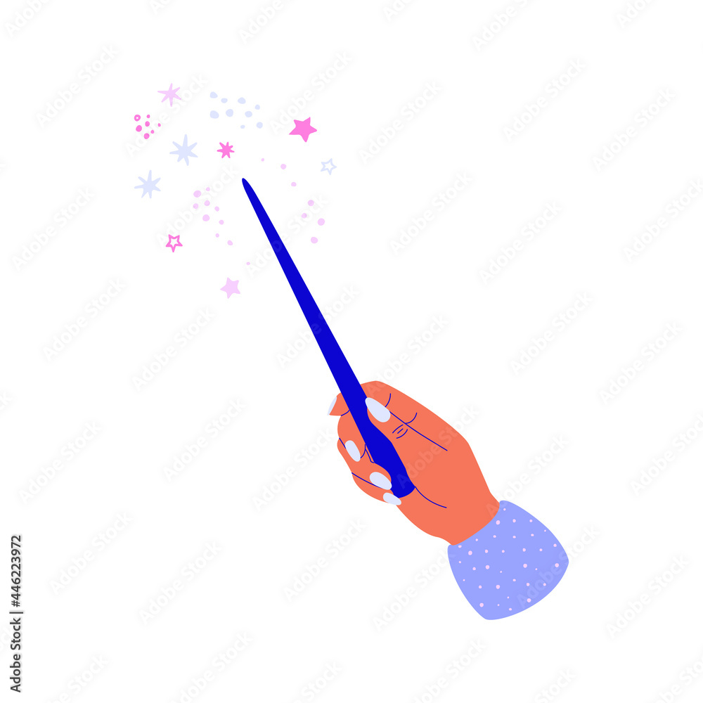 Flat vector cartoon illustration of a hand holding a magic wand on an ...