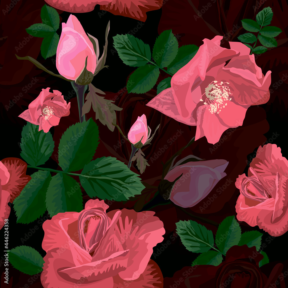 Seamless pattern for fabric with flowers of pink roses and green leaves ...