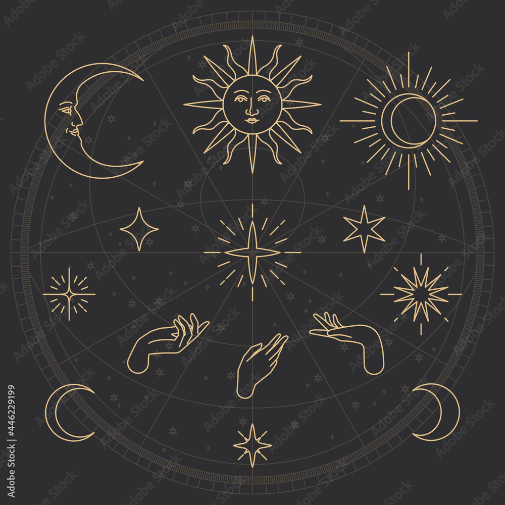 Celestial object vector golden sketch collection on black background ...