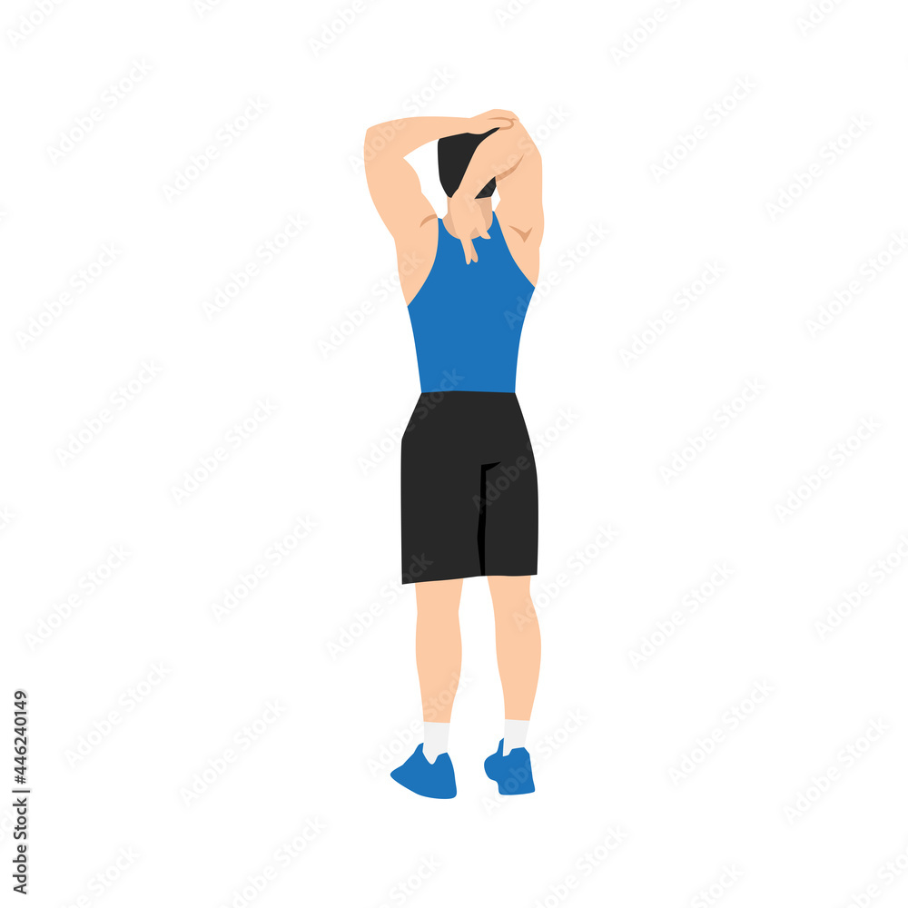 Man doing Overhead triceps stretch exercise. Flat vector illustration ...