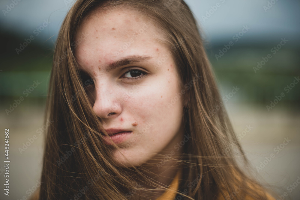Portrait of young beautiful cute teenage girl woman with frackles and ...