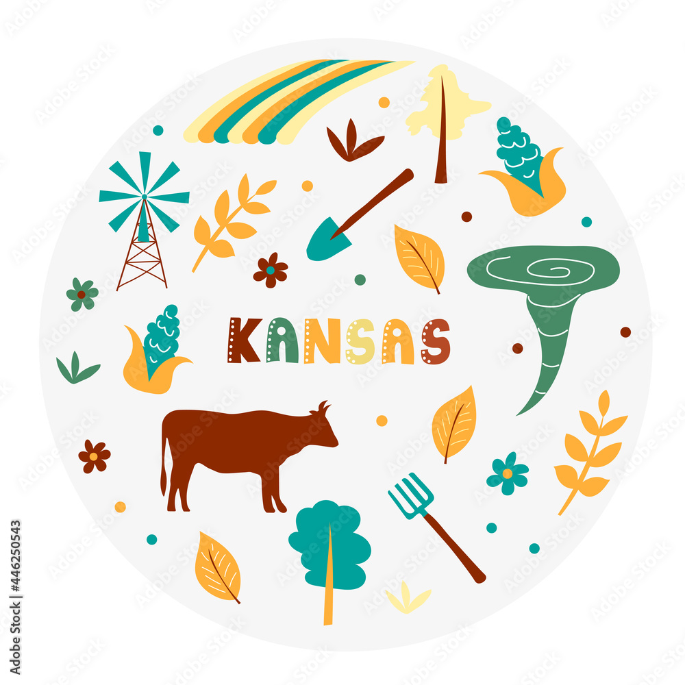USA collection. Vector illustration of Kansas. State Symbols - round ...