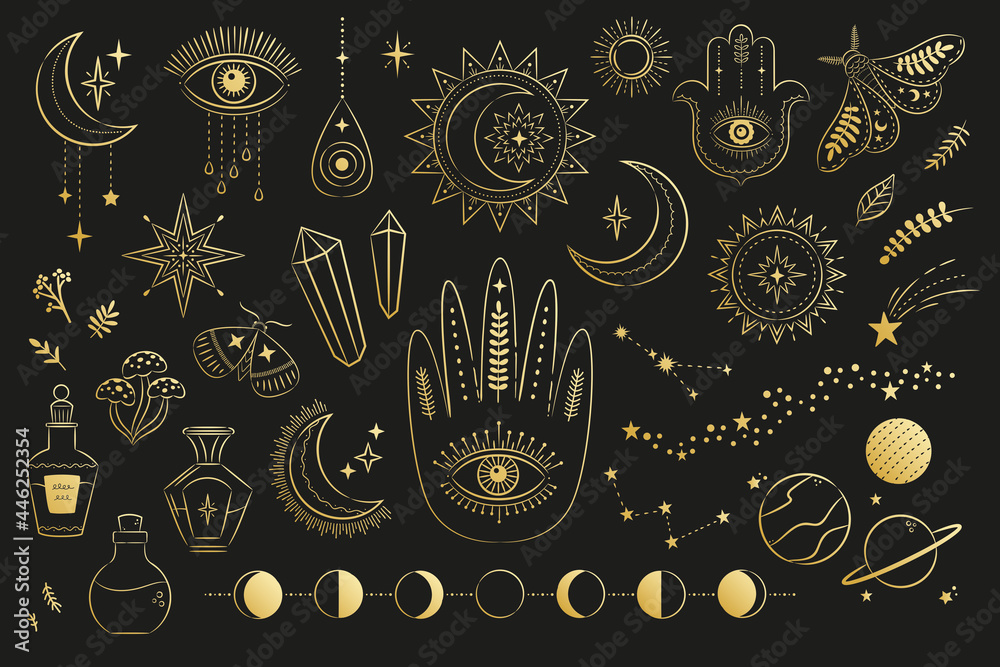 Vector set of gold mystical magic symbols. Spiritual occultism hand drawn line objects with sun ...