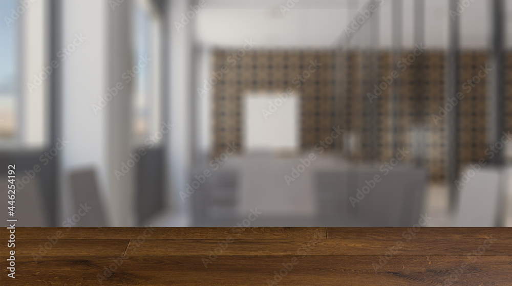 Background with empty table. Flooring. Open space office interior with ...