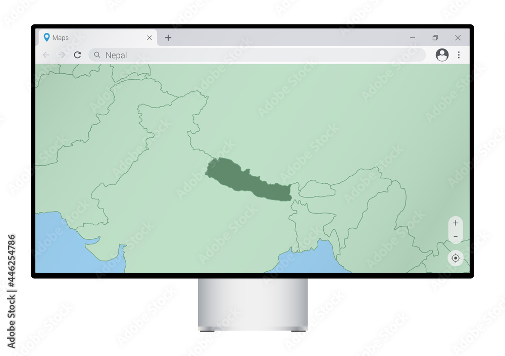 Computer monitor with map of Nepal in browser, search for the country ...