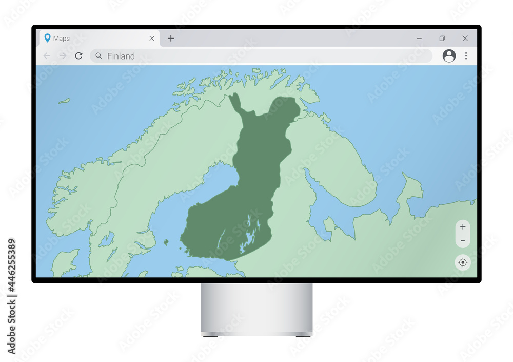 Computer monitor with map of Finland in browser, search for the country ...