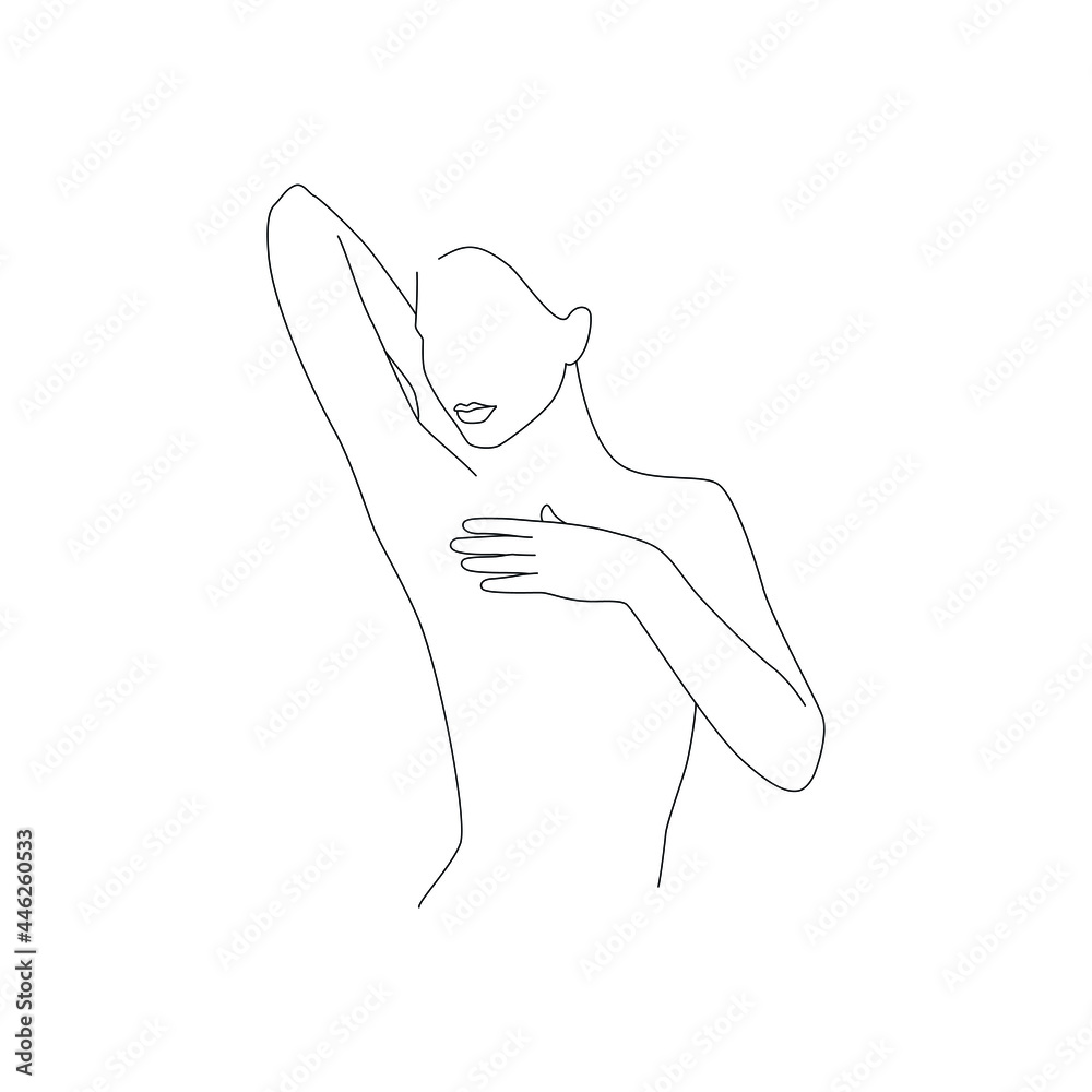 Vector thin line minimalistic illustration of woman. Body care drawing ...