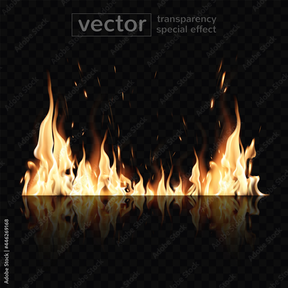 Burning fire and its glowing reflection on the surface. Fire special ...