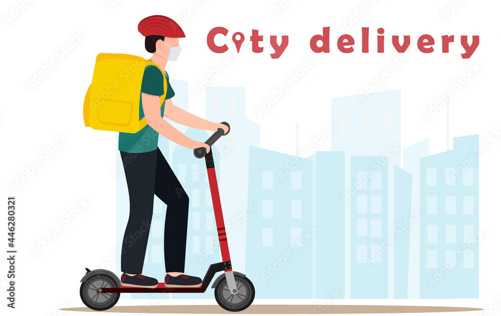Delivery man riding a scooter in the mask at the city, safe delivery ...