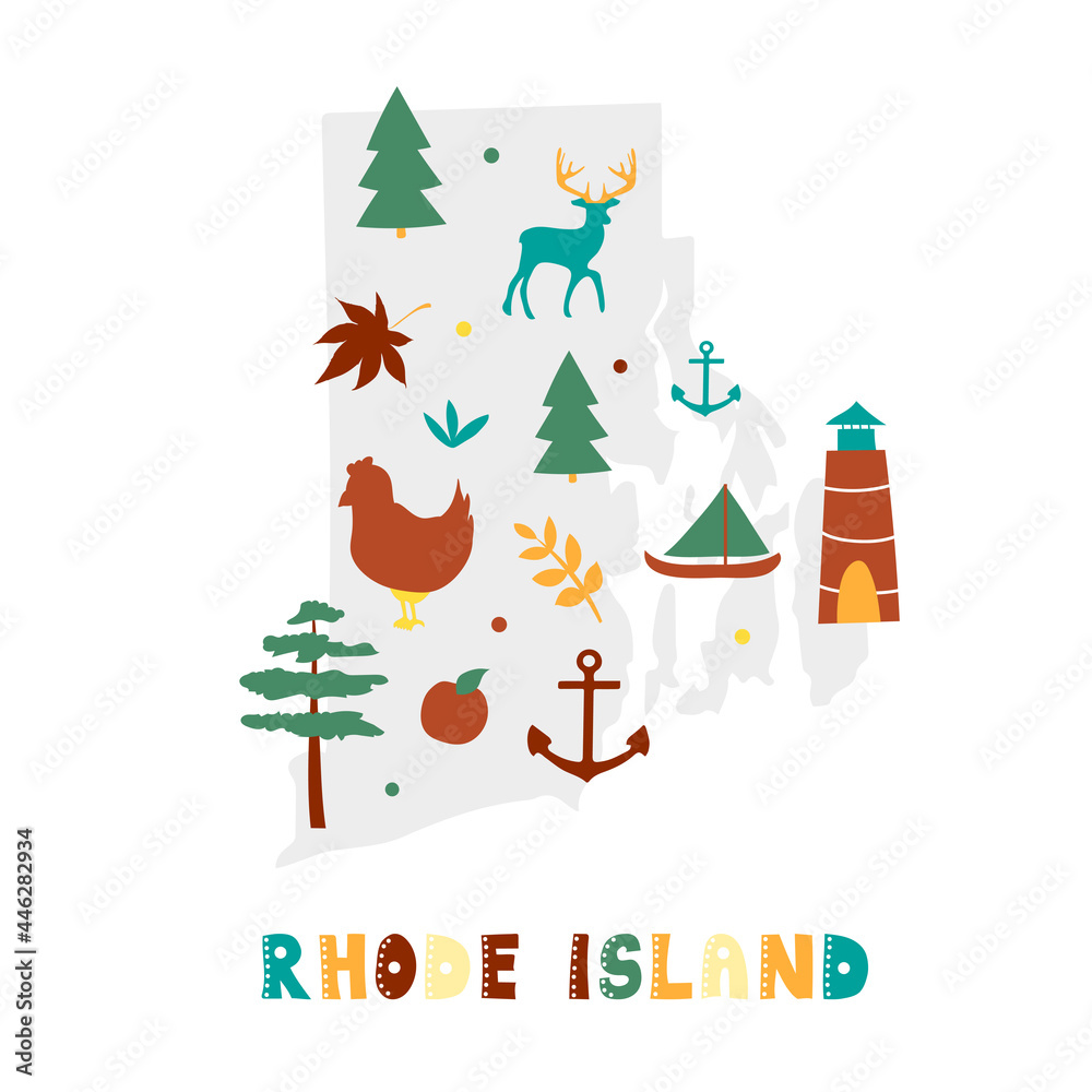 USA map collection. State symbols and nature on gray state silhouette ...