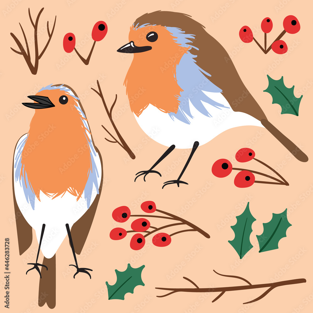 Robin redbreast birds clip art. Cute nature graphic pack for autumn ...