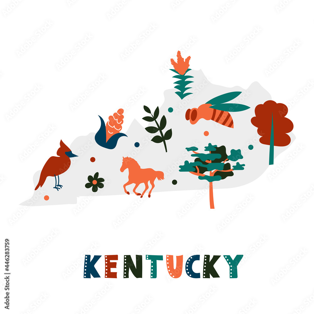 USA map collection. State symbols and nature on gray state silhouette ...