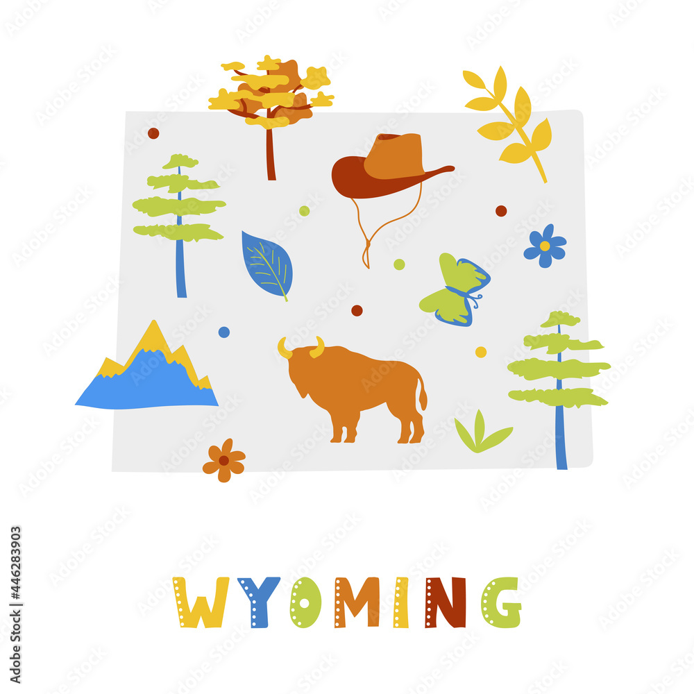 USA map collection. State symbols and nature on gray state silhouette ...