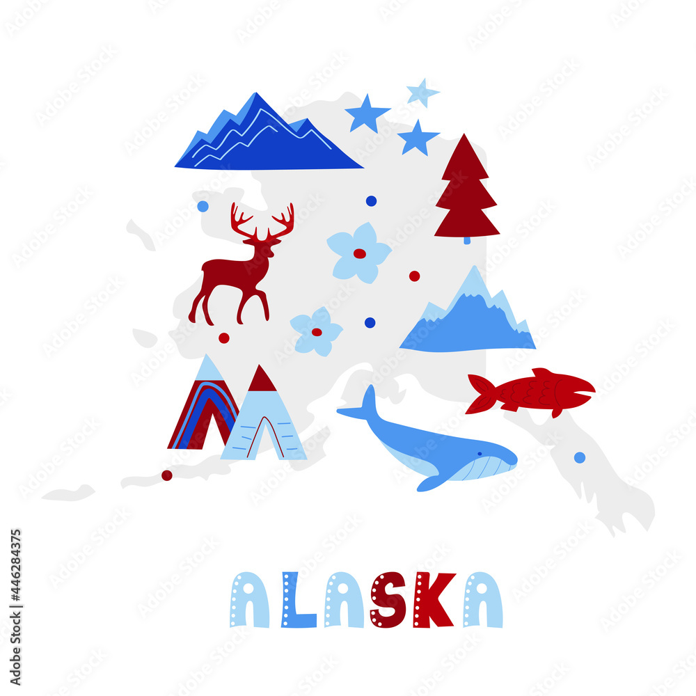 USA map collection. State symbols and nature on gray state silhouette ...