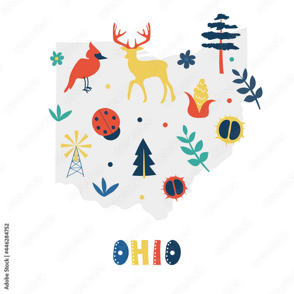 Vetor de USA map collection. State symbols and nature on gray state ...