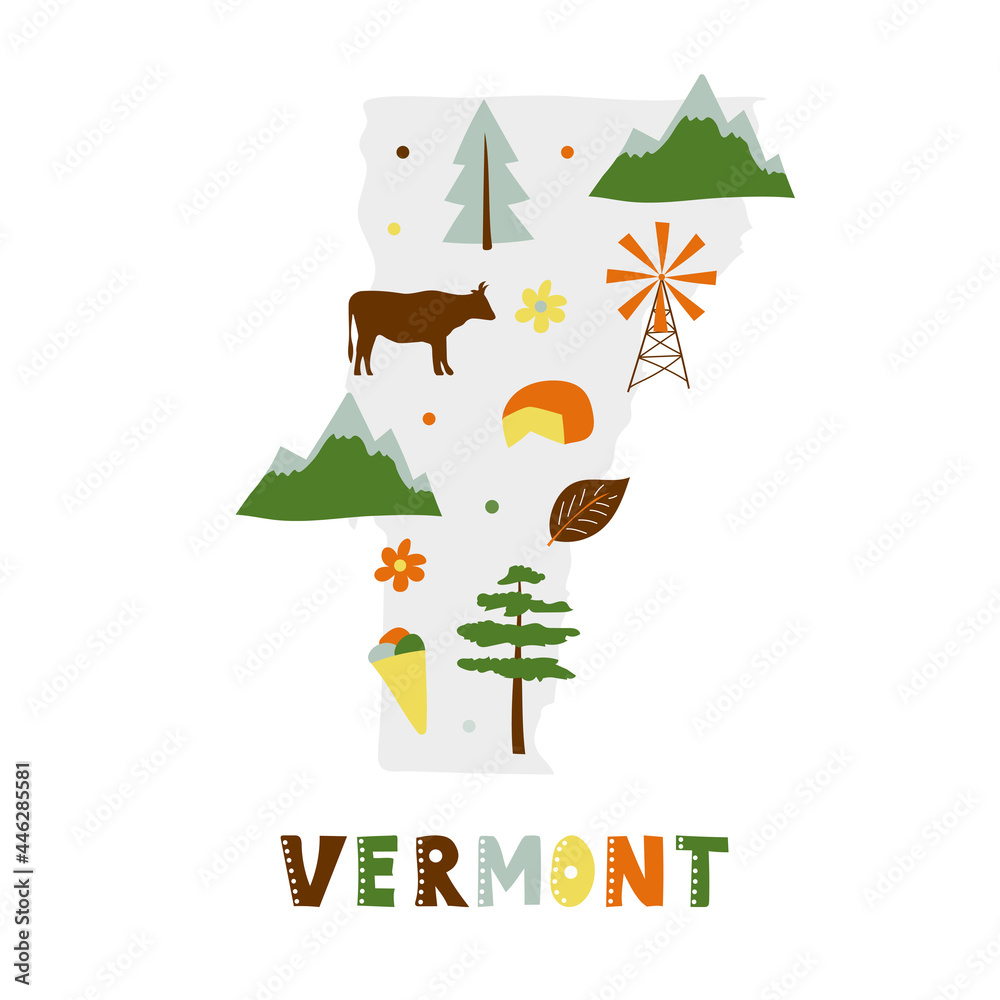 USA map collection. State symbols and nature on gray state silhouette ...