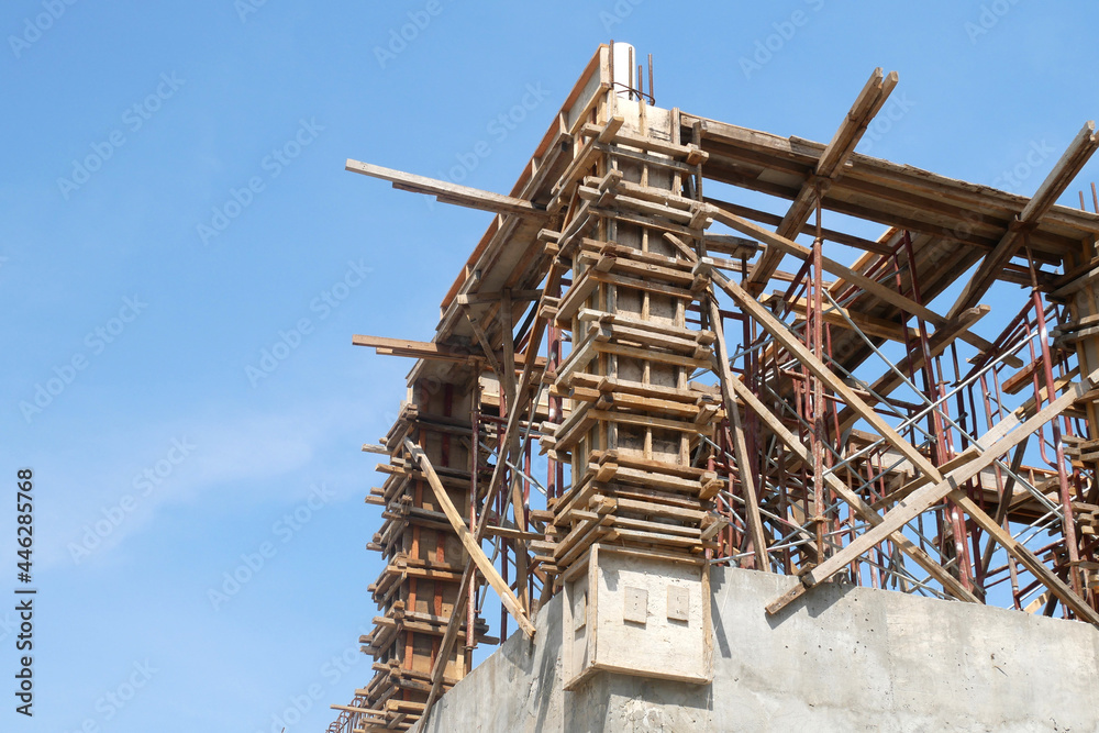 PENANG, MALAYSIA -JUNE 3, 2021: Column timber formwork and ...