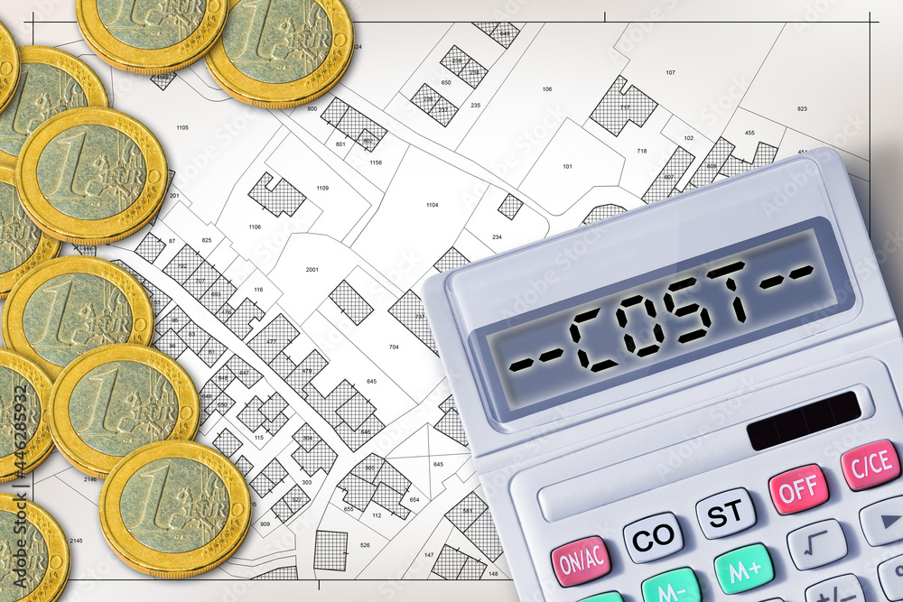 Property Tax on buildings, concept with an imaginary cadastral map ...